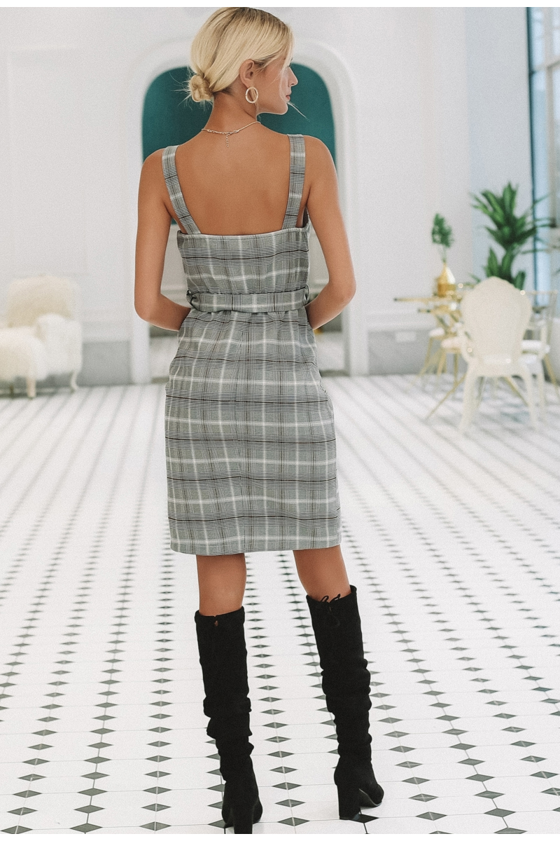 Plaid Strap High Waist Split Sash Short Dress - Fashion Design Store