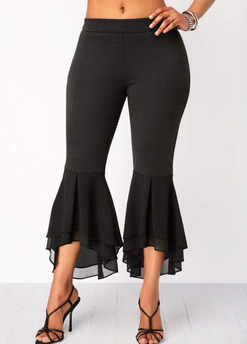 Black Mesh Panel Mid Waist Flare Pants - Fashion Design Store