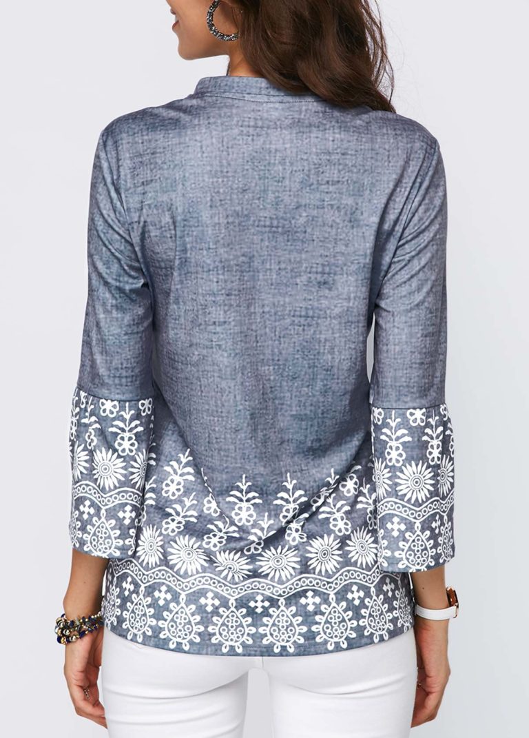 Split Neck Button Detail Printed Pleated Blouse - Fashion Design Store
