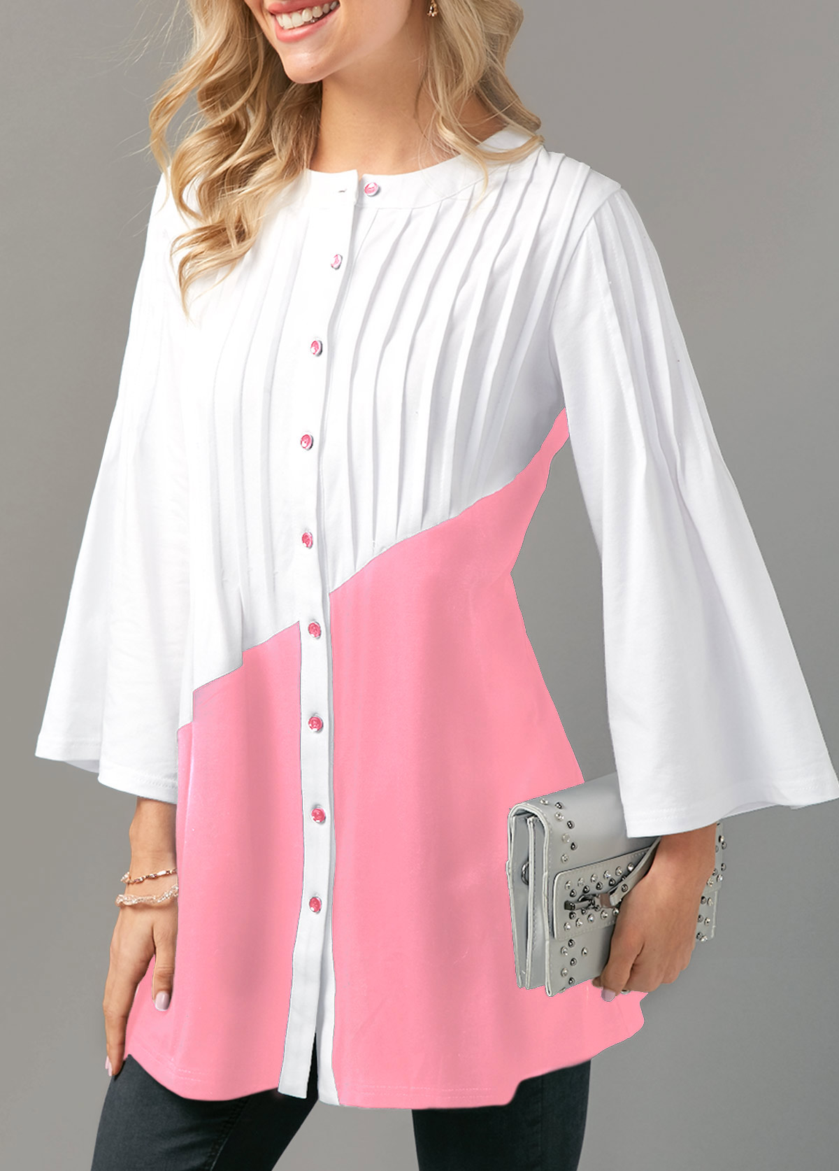 Stunning Pink & White Button Up Tunic Blouse - Fashion Design Store