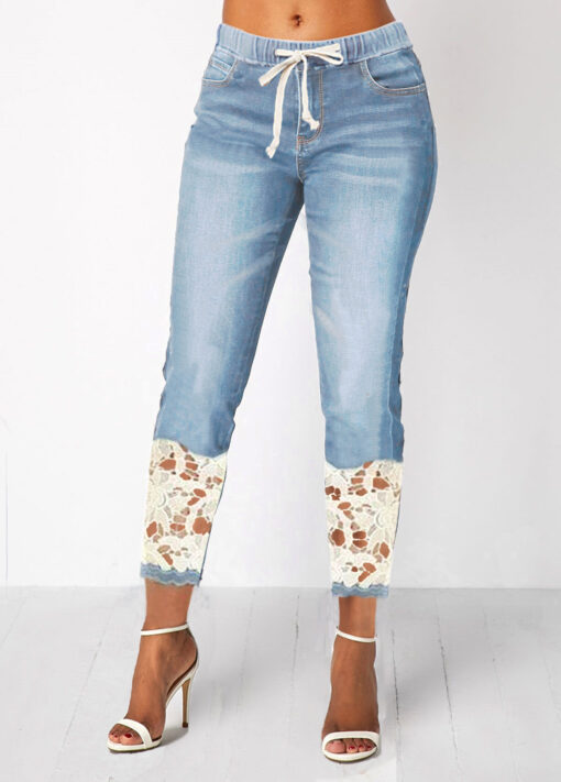Awesome Denim Blue Lace Panel Jeans - Fashion Design Store