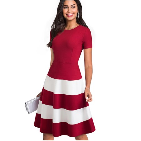 Retro Contrast Color Patchwork Round Neck Flare A-Line Women Dress ...